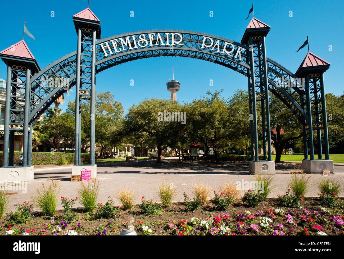 USA, Texas, San Antonio, HemisFair Park, Entrance Arch and Tower of the ...