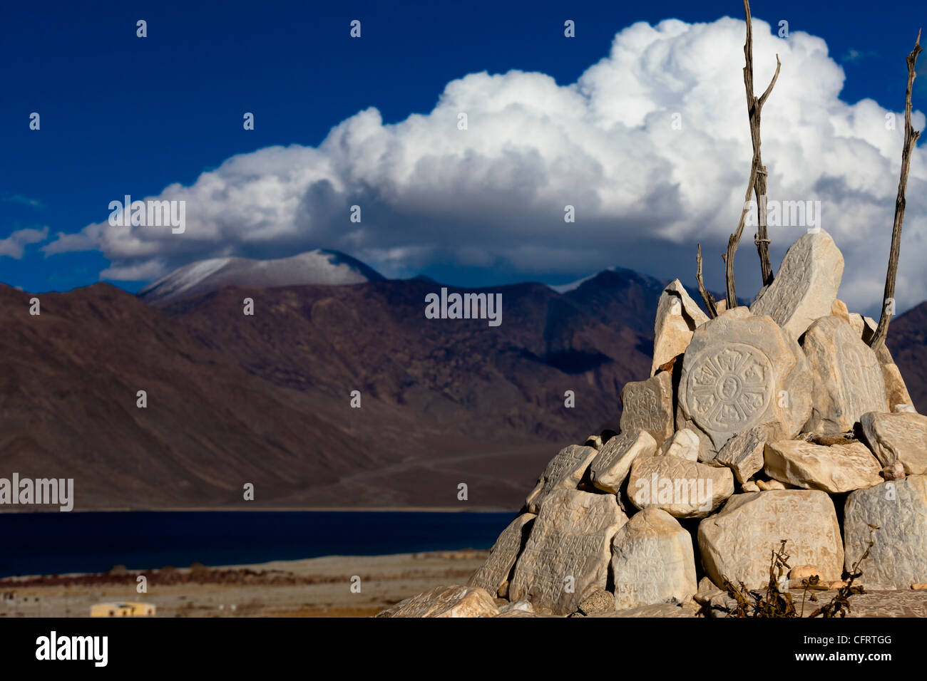A Buddhist Cairn in the Maan village overlooking the Pangong Lake Stock ...