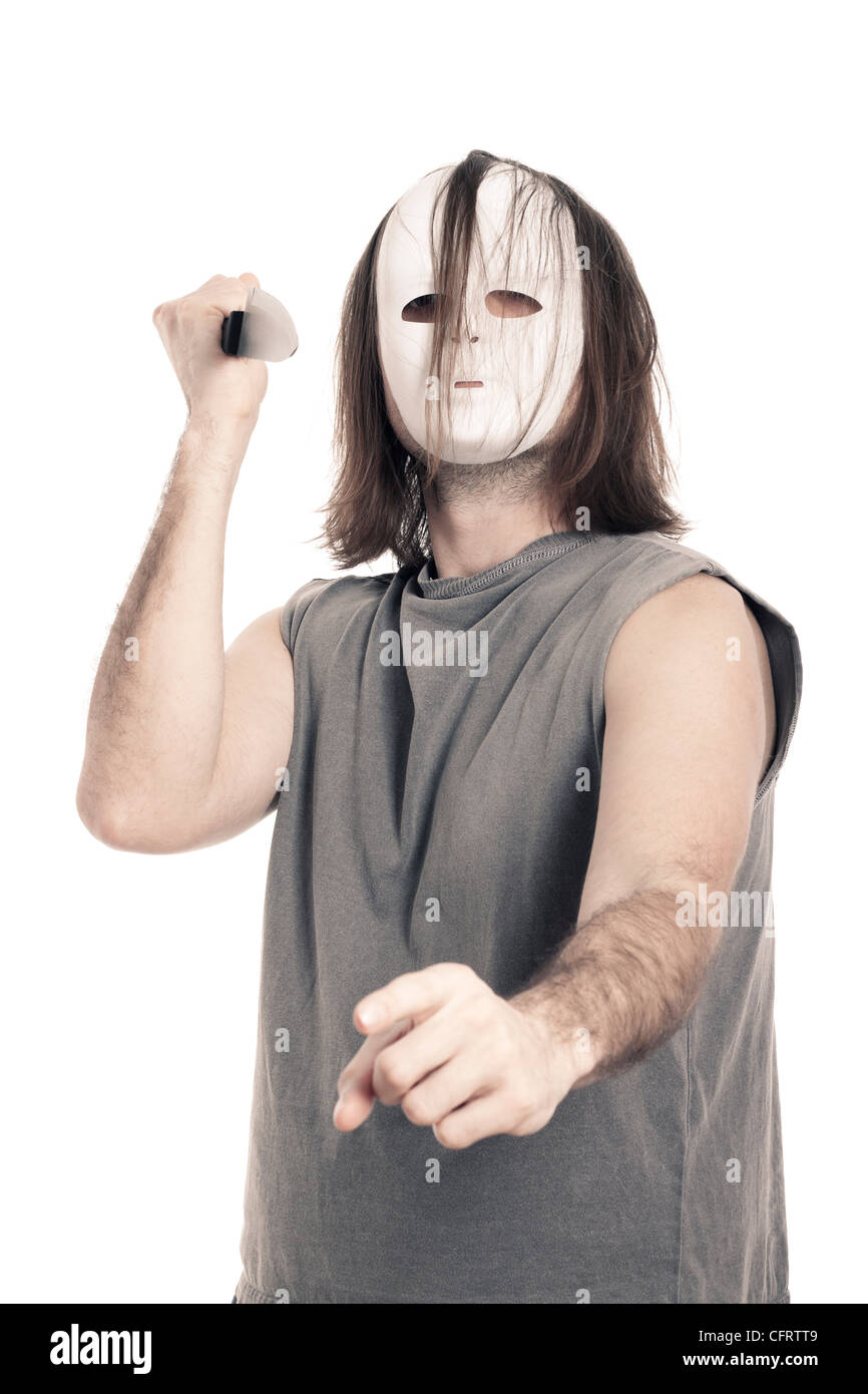 Horror man with scary mask and knife, isolated on white background ...