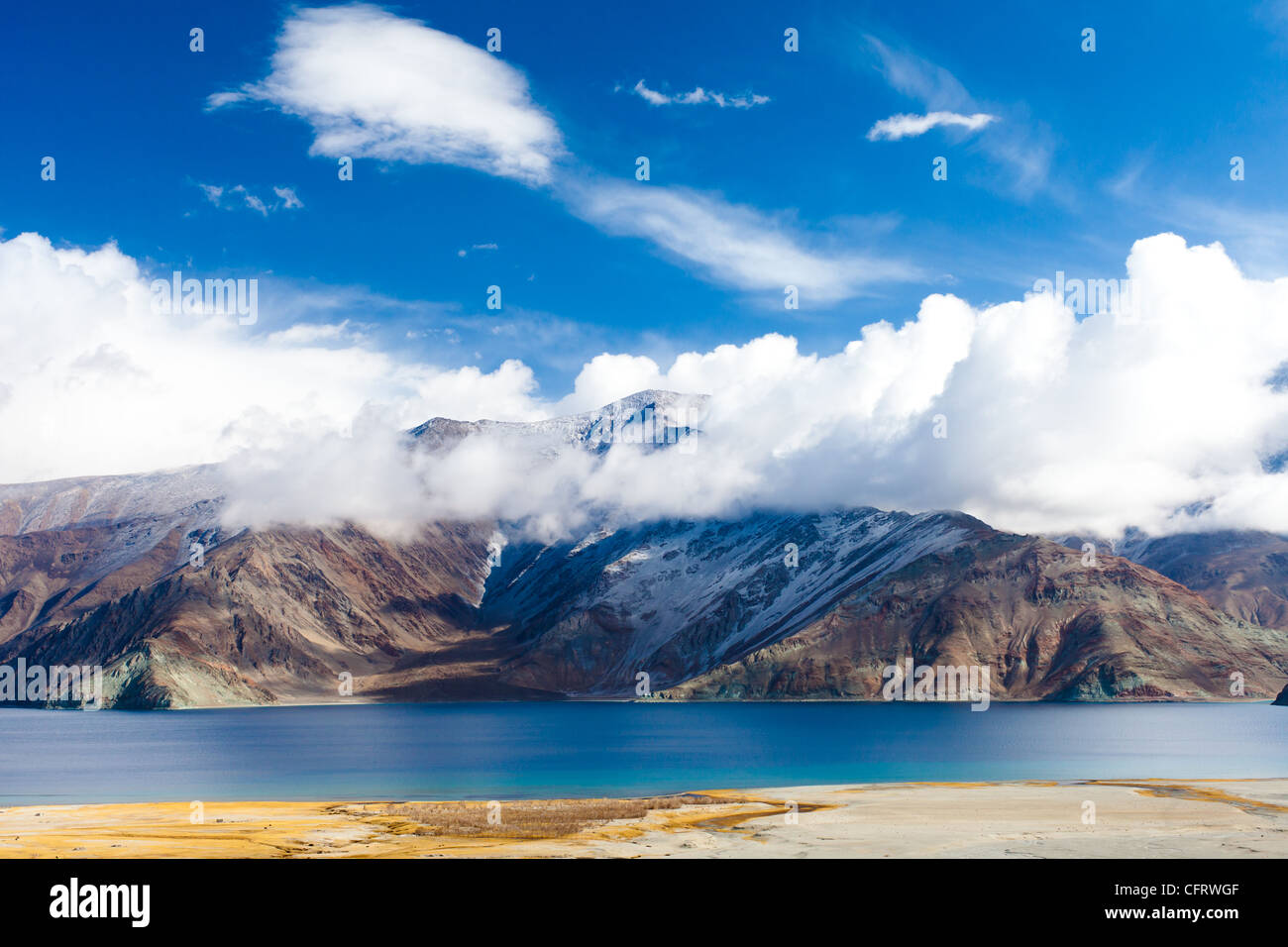 Serene mountain landscape on the banks of the Pangong Lake beside the ...