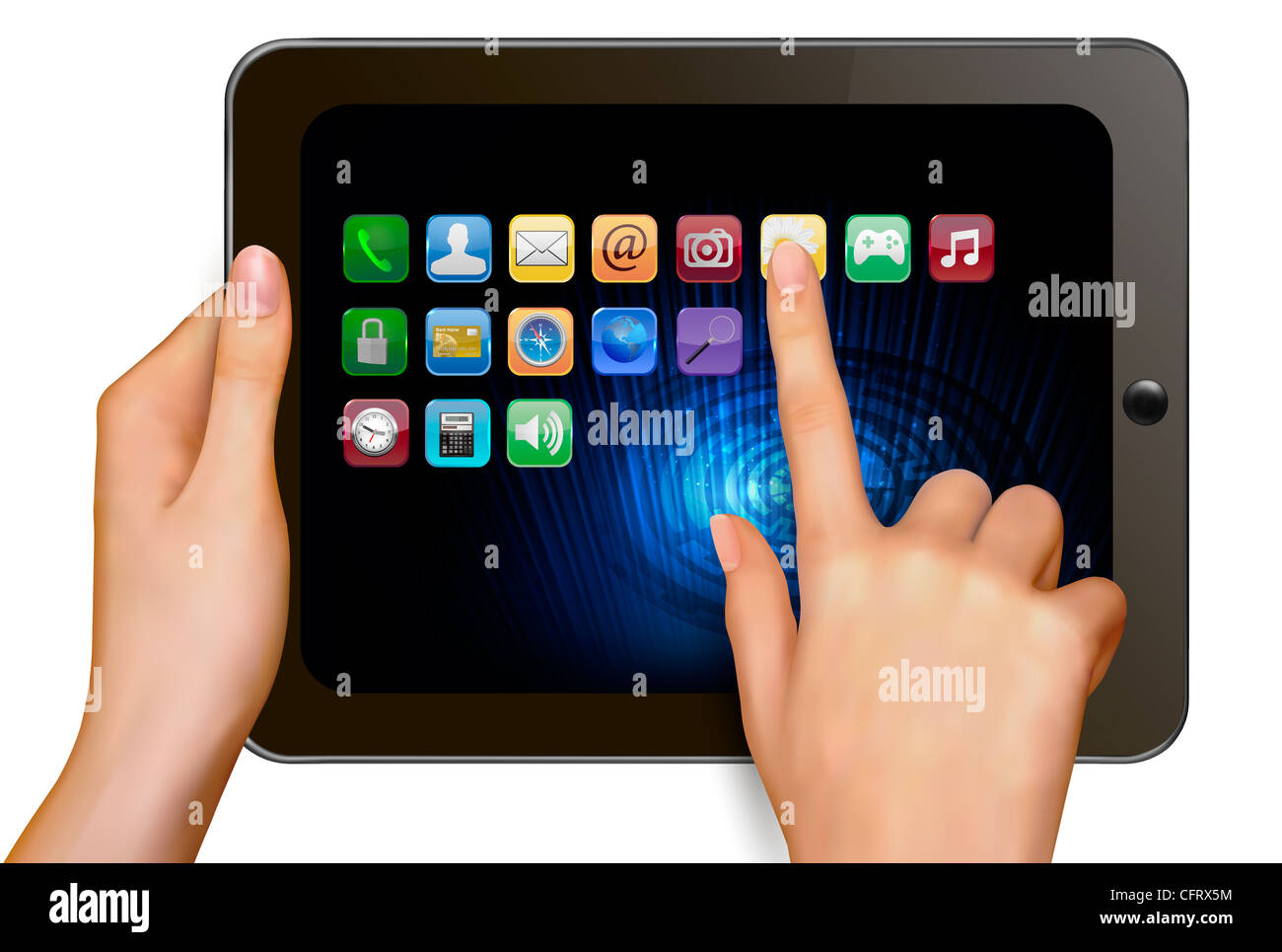 Hands holding digital tablet computer with icons Stock Photo - Alamy