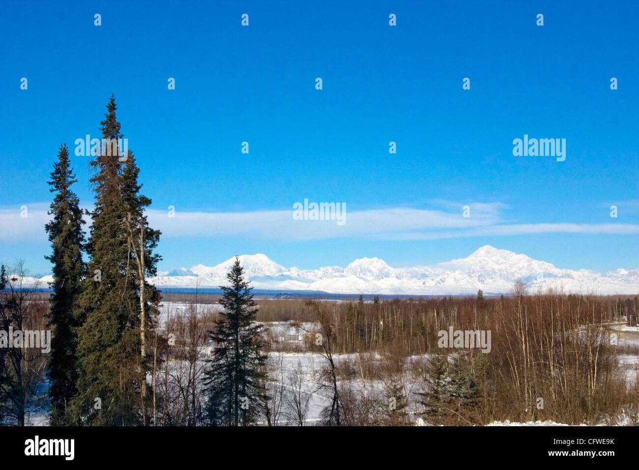 The Alaskan landscape with (left to right) Mt. Foraker, Mt. Hunter, and ...