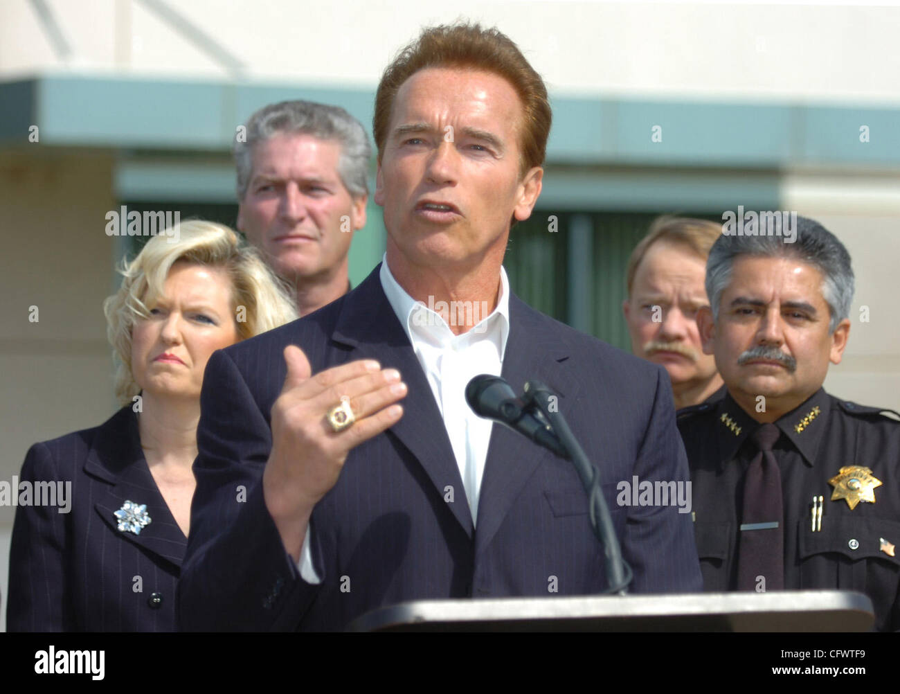 Governor Schwarzenegger speaks to the press after touring the San ...