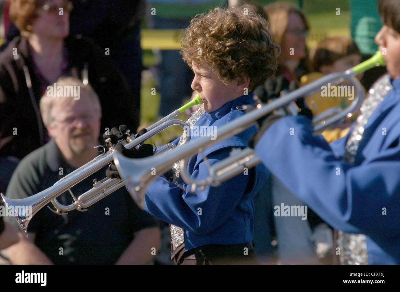 Ryan Riker, 7, of the Concord Blue Devils plays trumpet during the ...