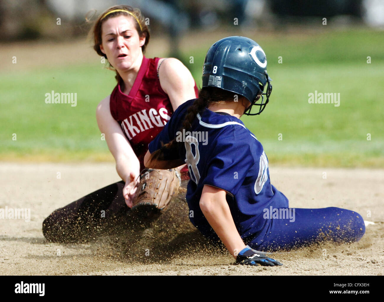 Carlmont High School athlete Kelly Cunningham, right, is tagged out and ...