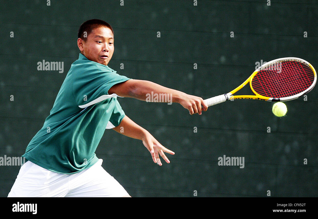 Moreau's Mark DeCastro returns a shot from Arroyo's Joshua Siu during ...