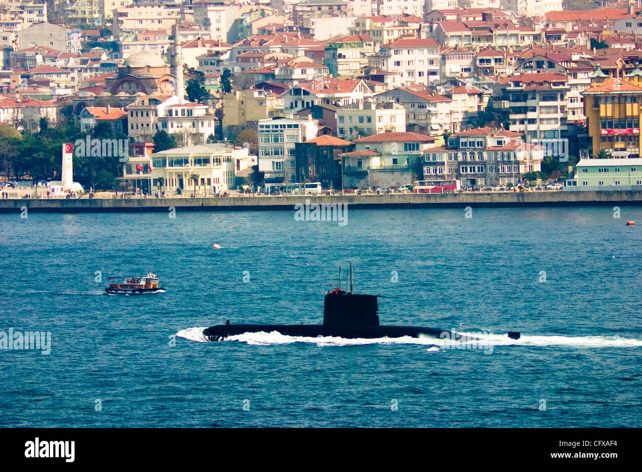 A submarine passes through the Turkish Straits in Istanbul Stock Photo ...