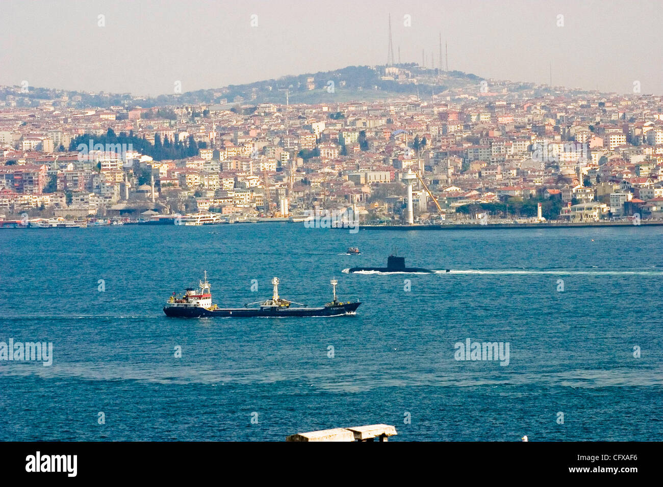 A submarine passes through the Turkish Straits in Istanbul Stock Photo ...