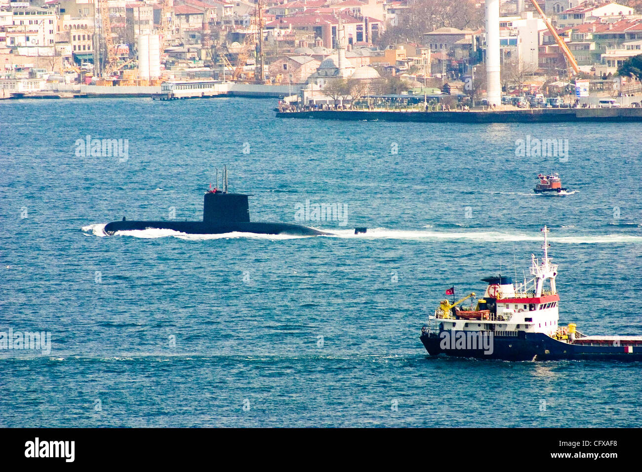 A submarine passes through the Turkish Straits in Istanbul Stock Photo ...