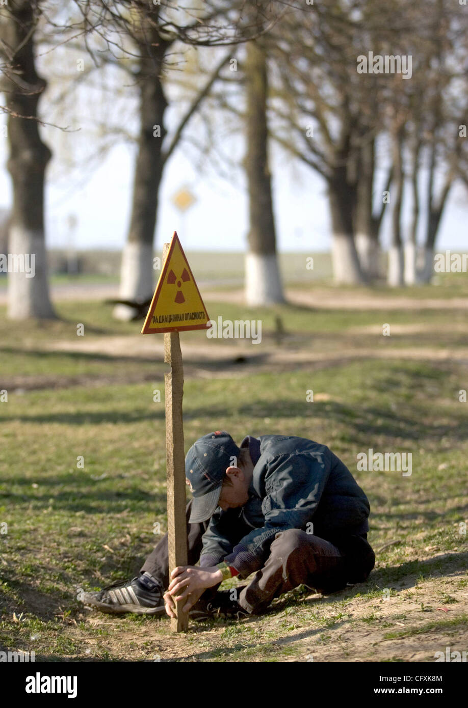 Sign of radiational danger in 30 km. Chernobyl zone in Belarus Stock ...