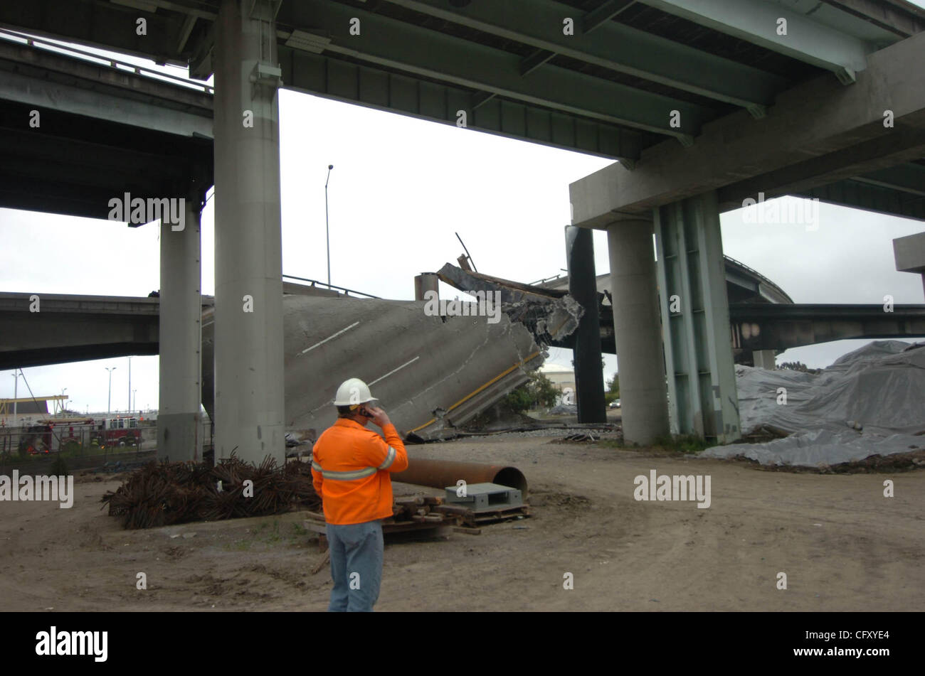 A collapsed ramp from eastbound Interstate 80 to eastbound Interstate ...