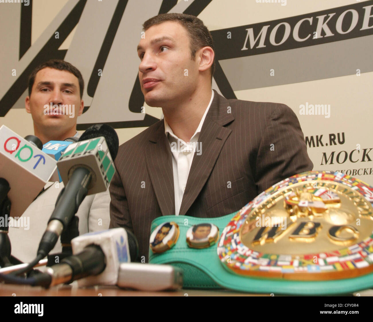 Boxers-heavyweights Vitaly (on the right) and Vladimir at press ...