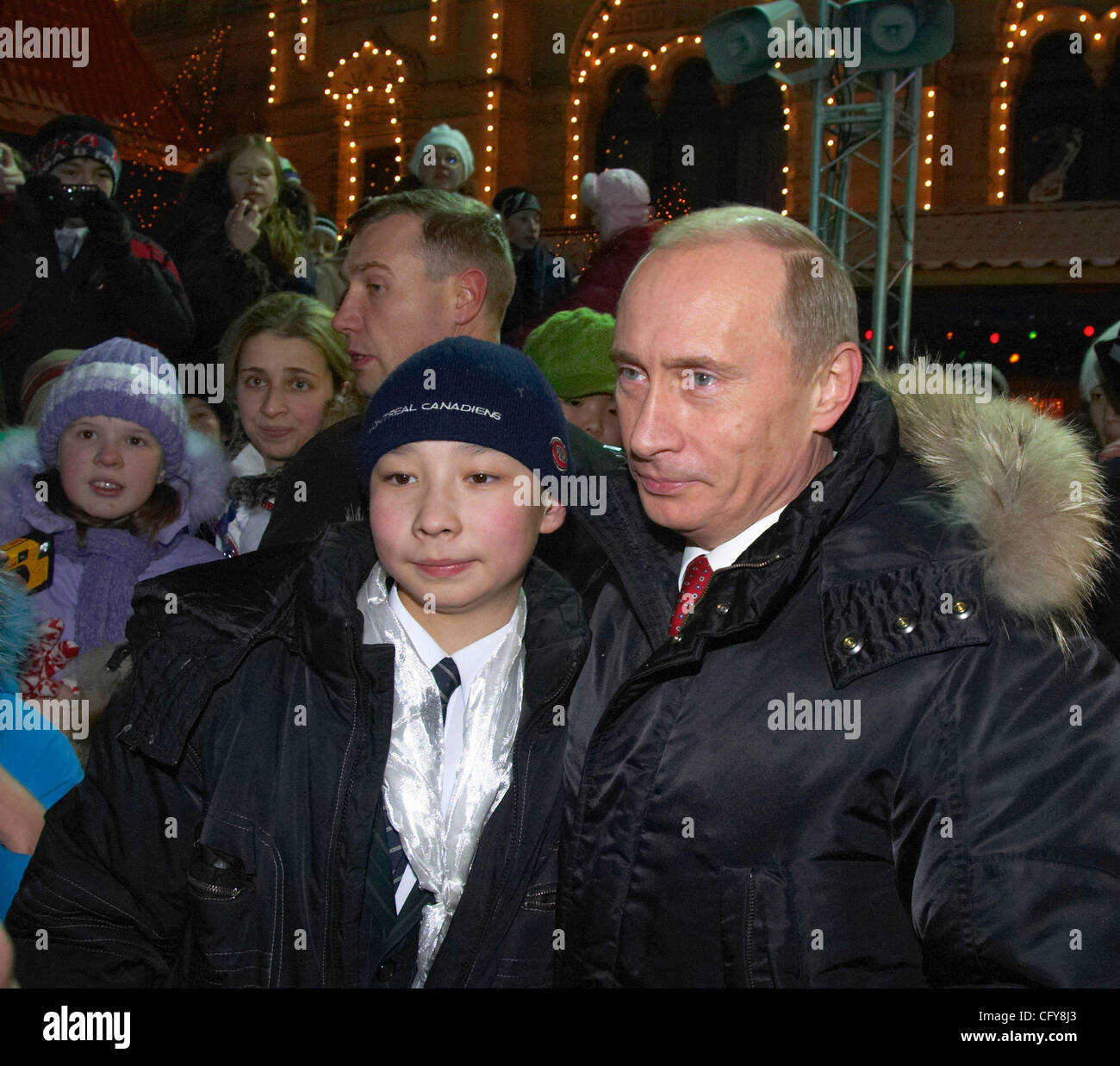 Vladimir Putin with russian kids at the skating rink on the Red Square ...