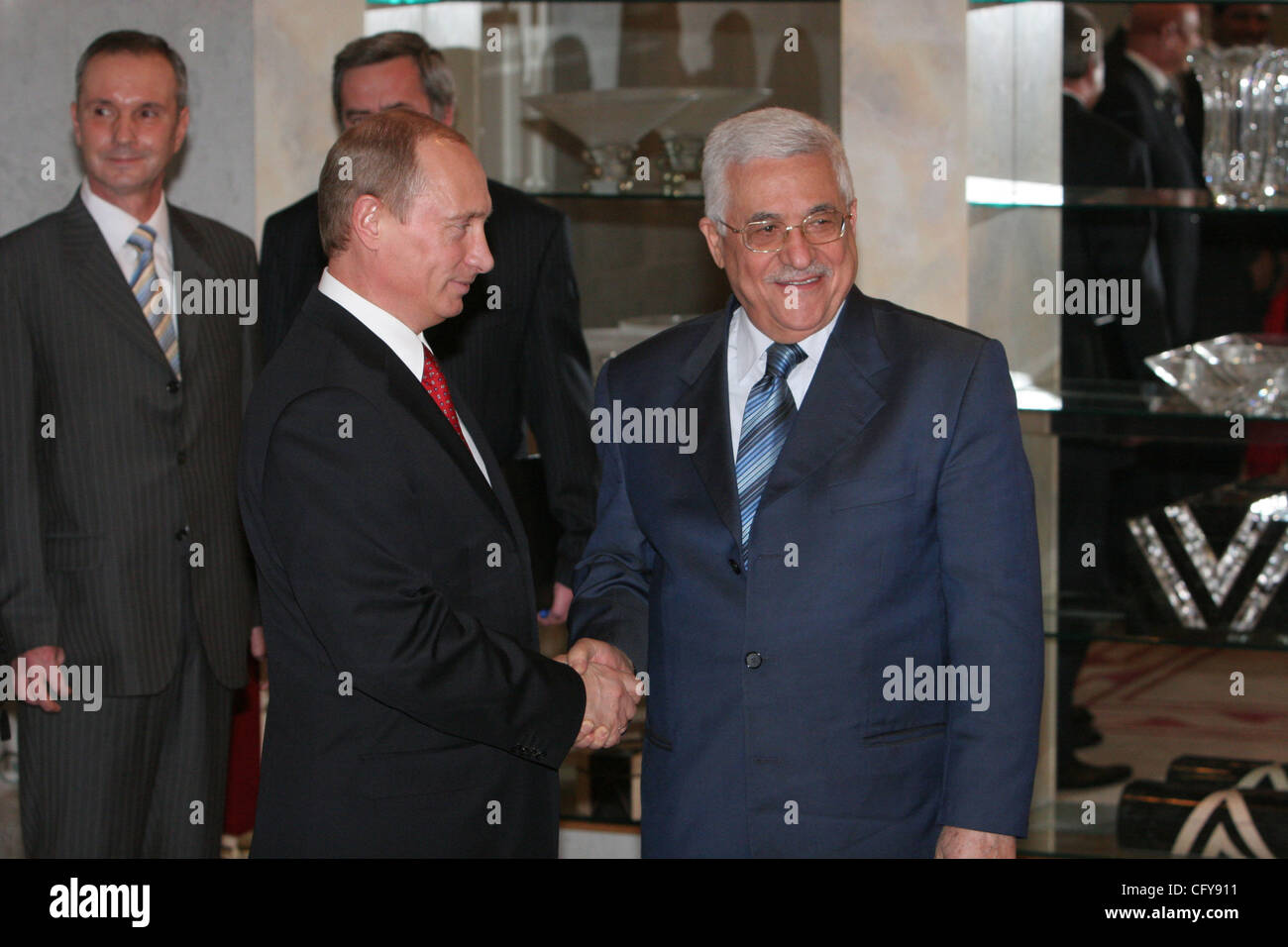 Vladimir Putin and Makhmud Abbas at the airport of Amman while Putin`s ...