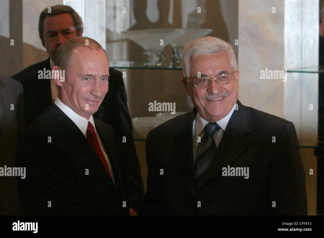 Vladimir Putin and Makhmud Abbas at the airport of Amman while Putin`s ...