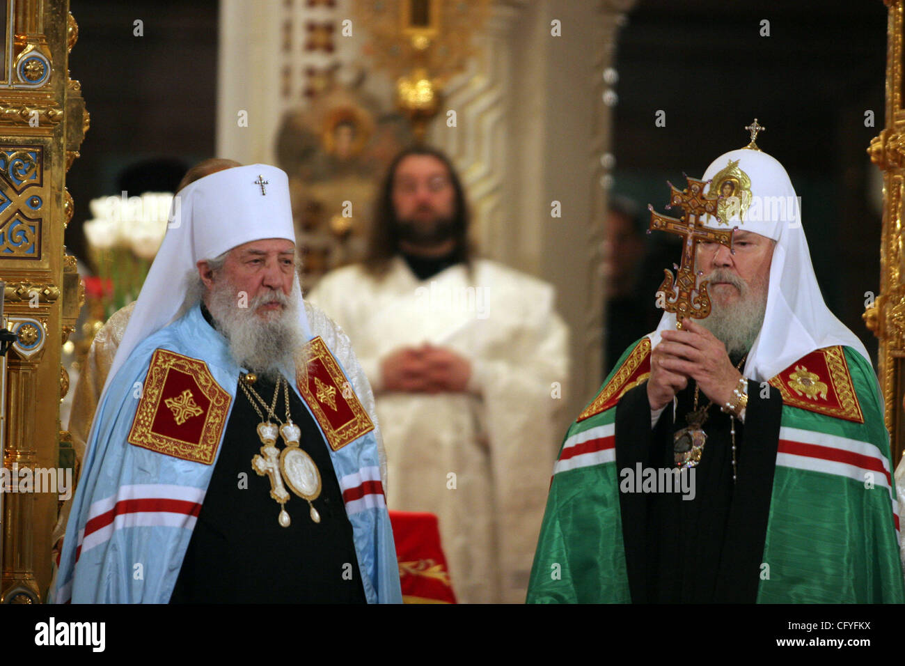 Russian Orthodox Patriarch Alexy II(r) at the ceremony of signing the ...