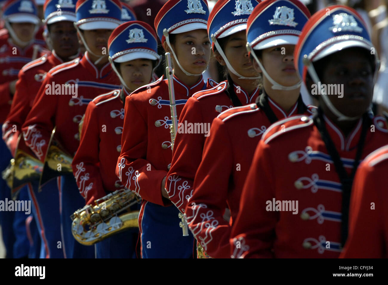 Members of the Springstowne Middle School of Vallejo marching band line ...