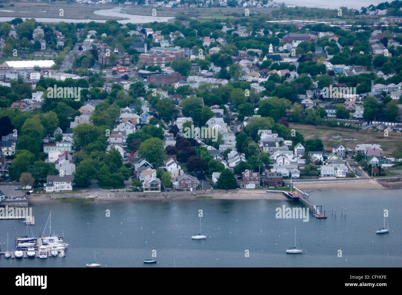 Looking out an air plane window flying over Boston, Massachussets Stock ...