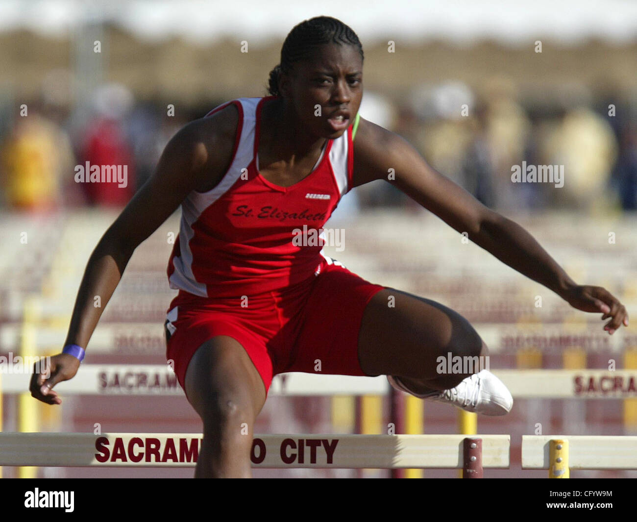 Julian Purvis of St. Elizabeth clears the hurdles to finish in first ...
