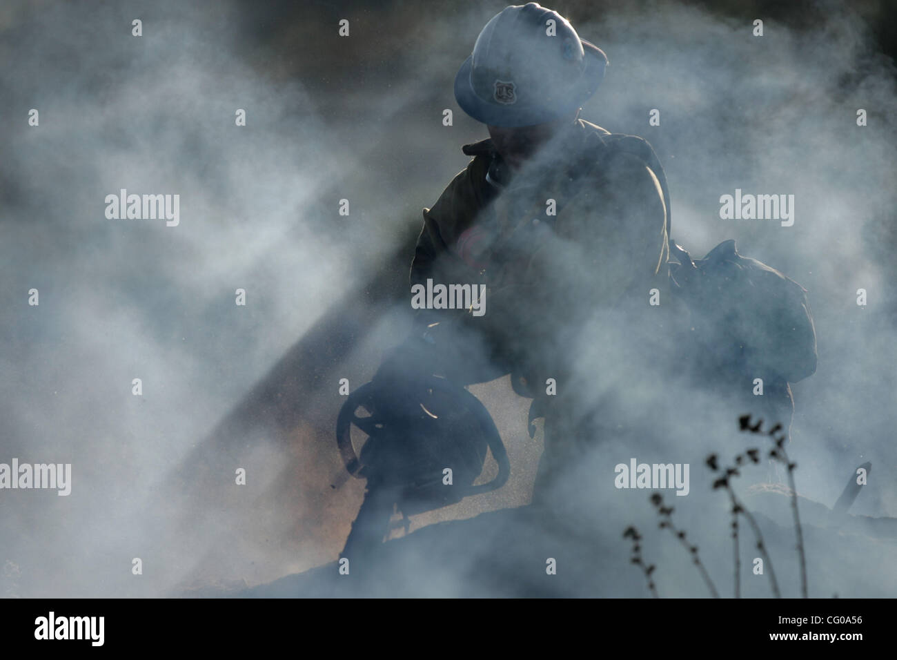 Photo by: Guy Kitchens Del Rosa Hotshot Tim Korioth cuts through a tree ...