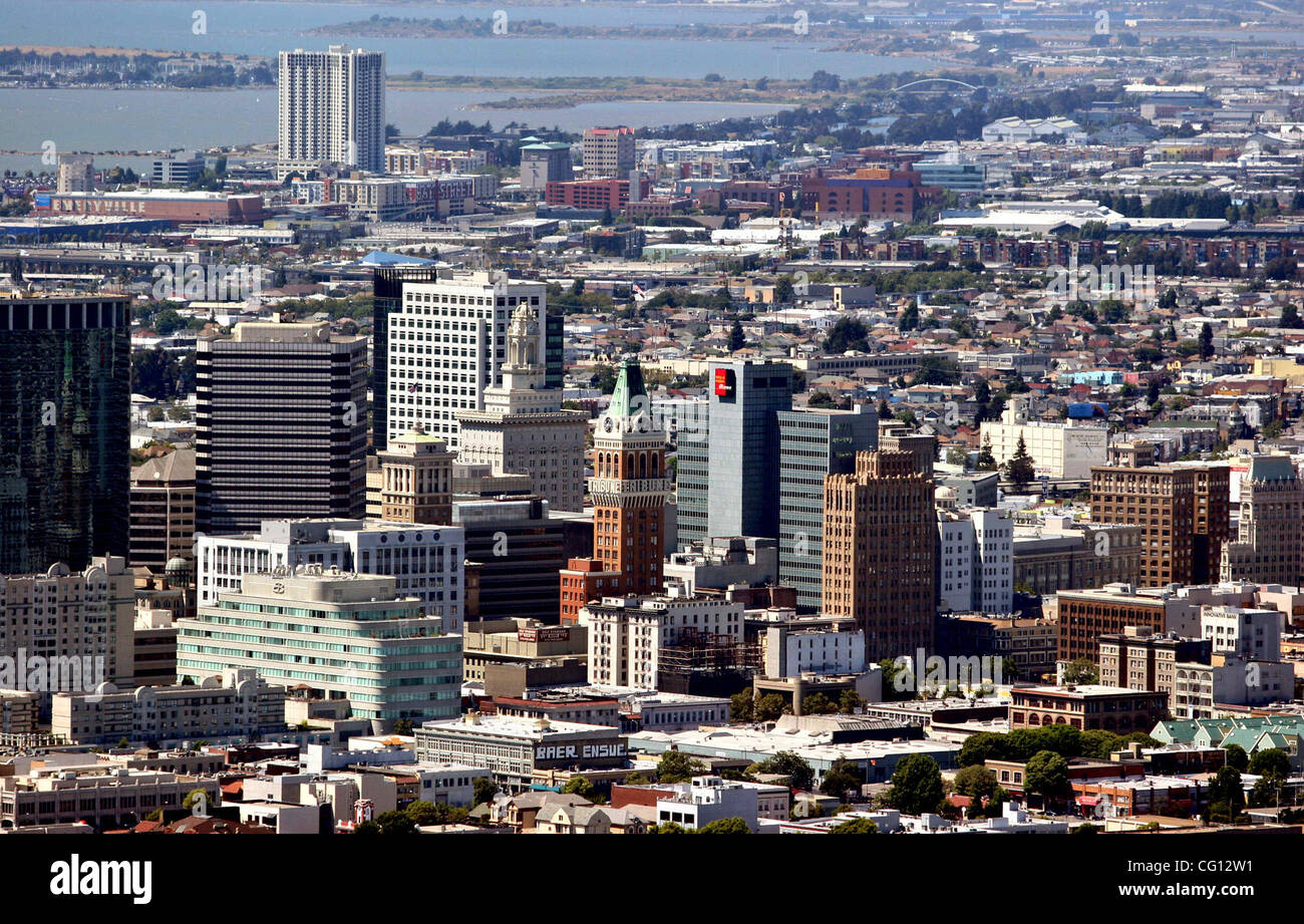 Downtown Oakland (foreground) and Emeryville are seen in this aerial ...