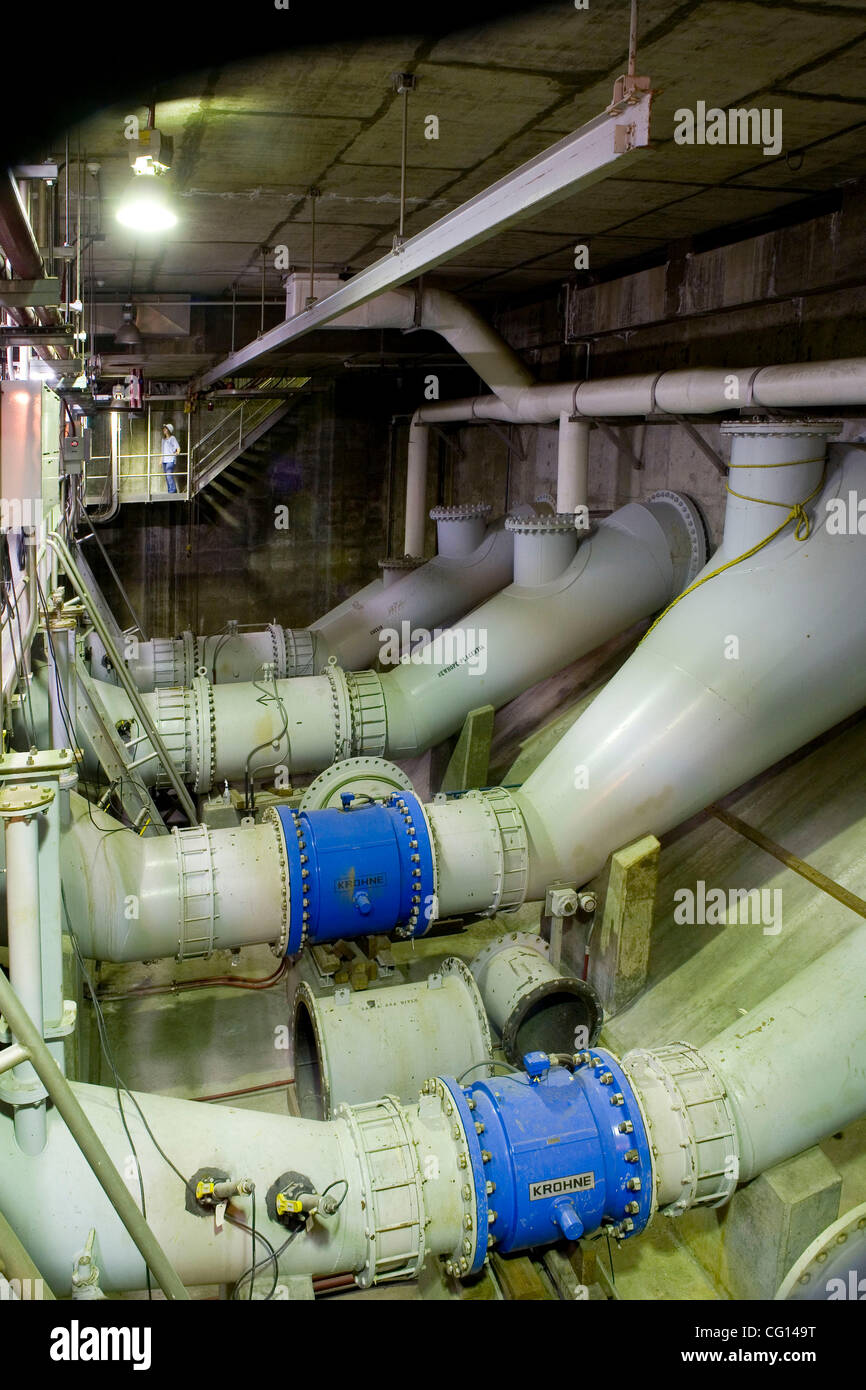 Huge intake trunk lines bring waste water into a water treatment plant ...