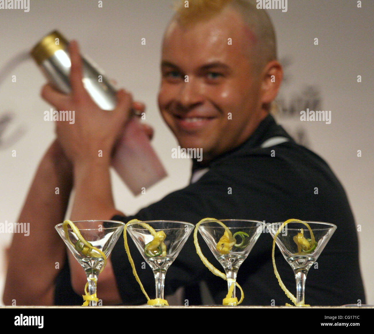 Barmen`s contest in Kaliningrad. Bar tender making drinks Stock Photo ...