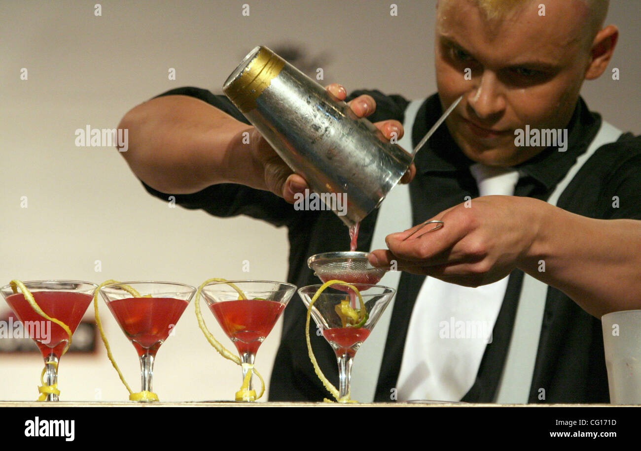 Barmen`s contest in Kaliningrad. Bar tender making drinks Stock Photo ...