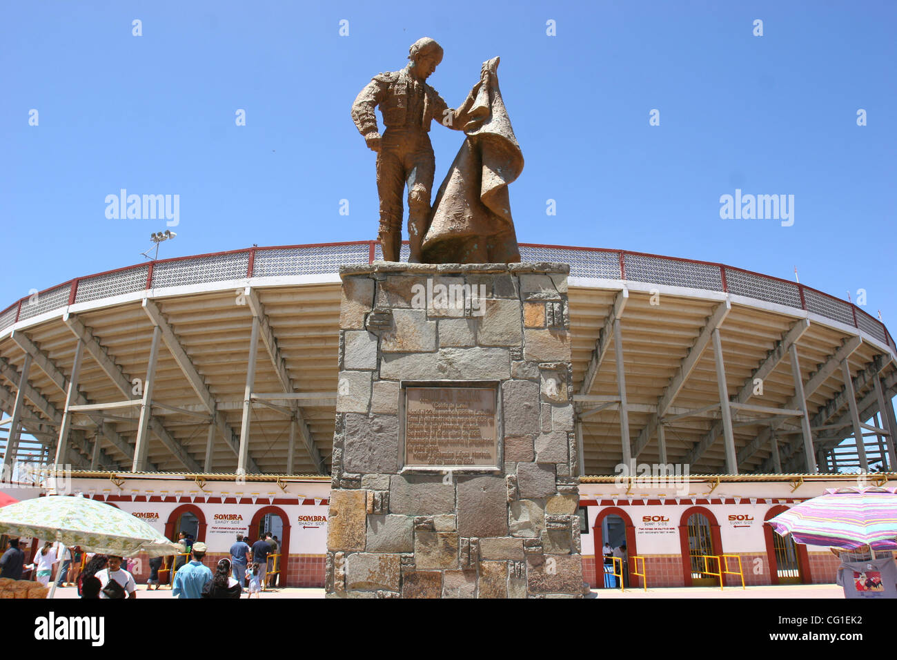A bullfighter statue stands outside the bullfight ring Plaza Monumental ...