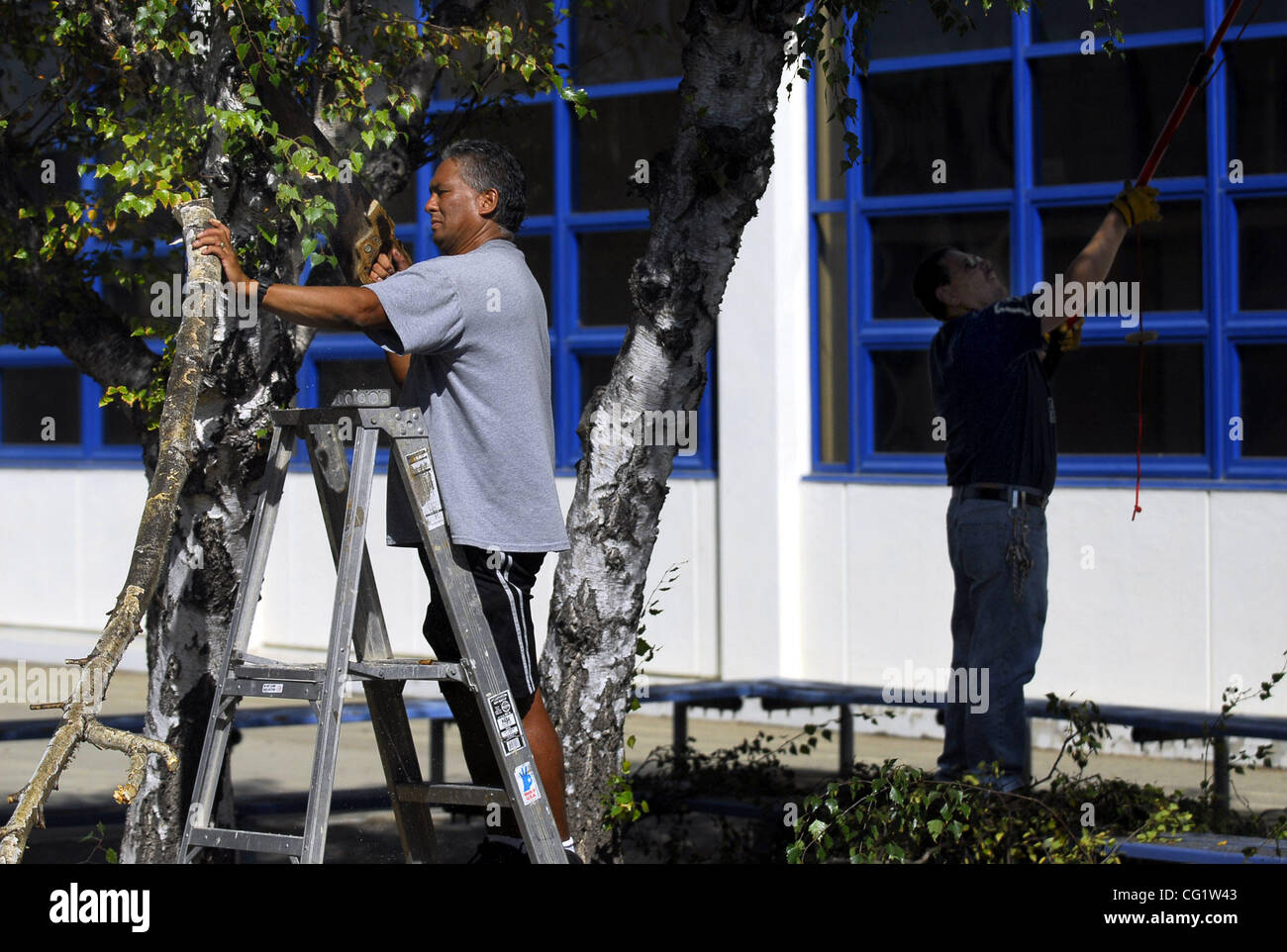 Head custodian Leo Baculpo (left) and custodian Javier Rivera trim a ...