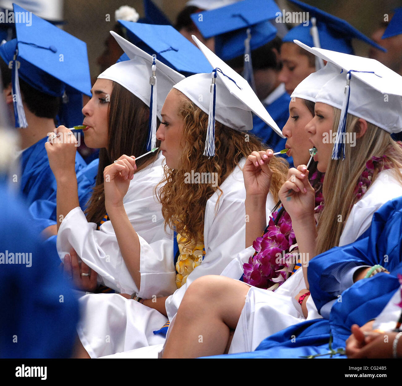 A group of graduates eat lollipops during the 2009 graduation ceremony ...