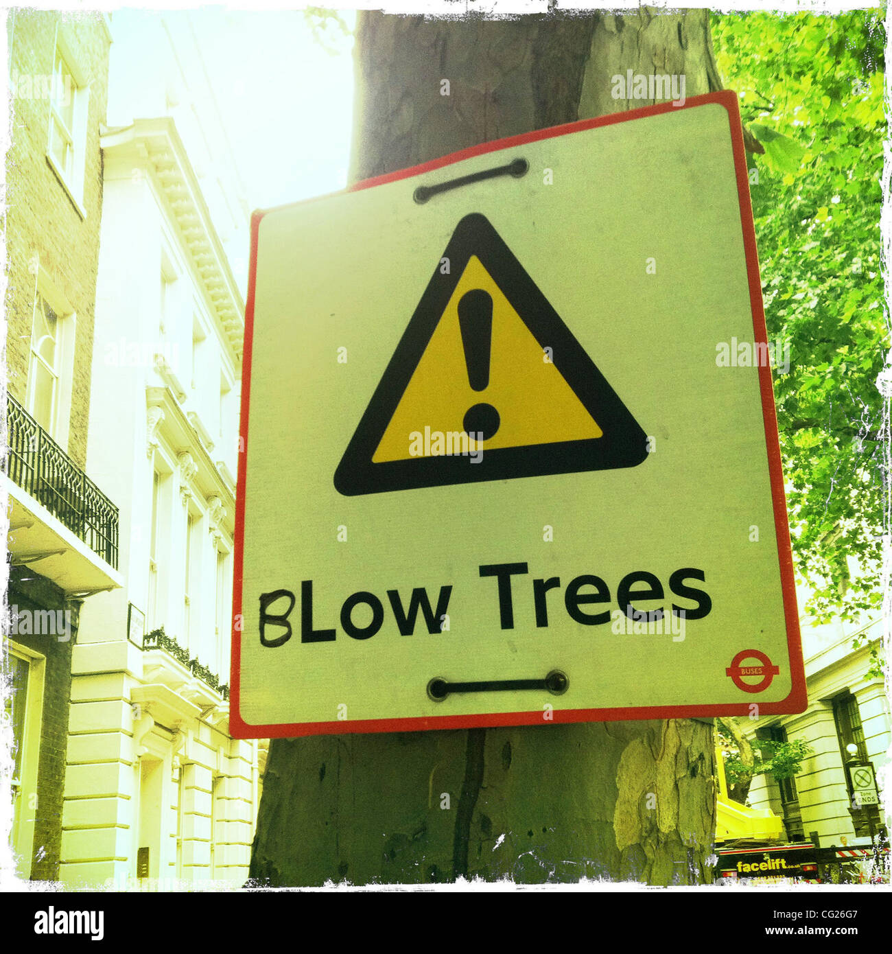 Aug. 06, 2011 - London, United Kingdom - Graffiti on a 'Low Trees' sign ...
