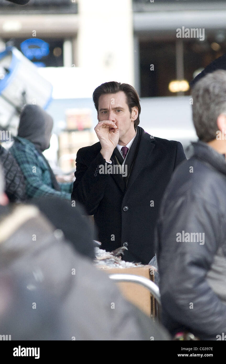 Jim Carrey filming 'Mr. Popper's Penguins' on location in a fish market ...