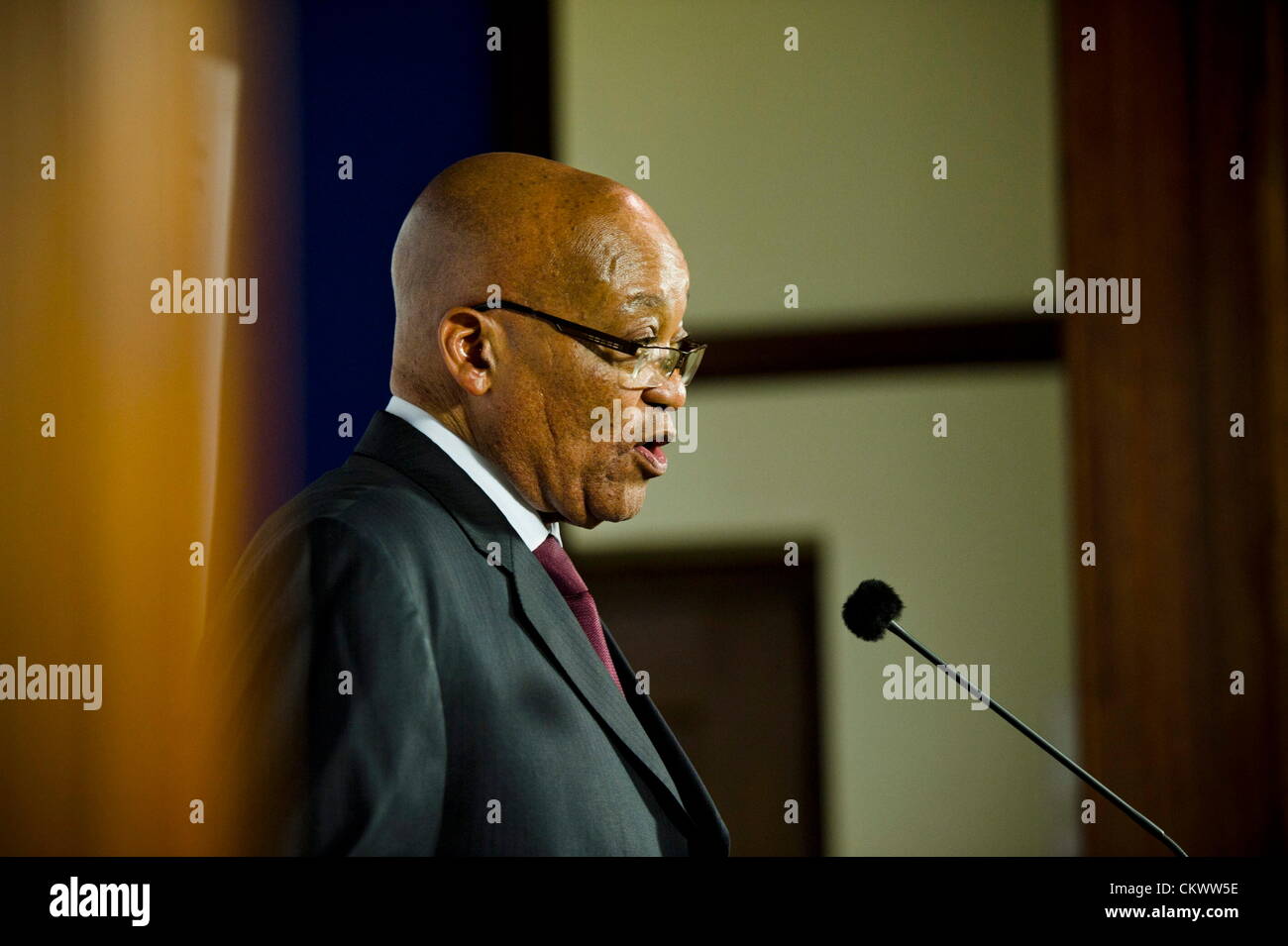 23rd Aug 2012. PRETORIA, SOUTH AFRICA: President Jacob Zuma delivers an ...