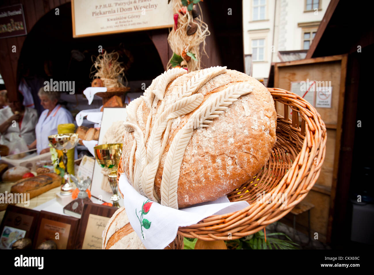 August 26, 2012 Cracow, Poland - Market stall with bread loaves during ...