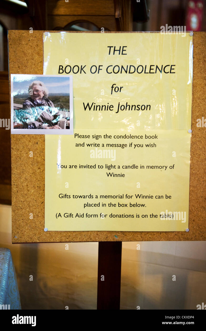 28th Aug 2012. Manchester, UK. A sign for The book of condolence for ...