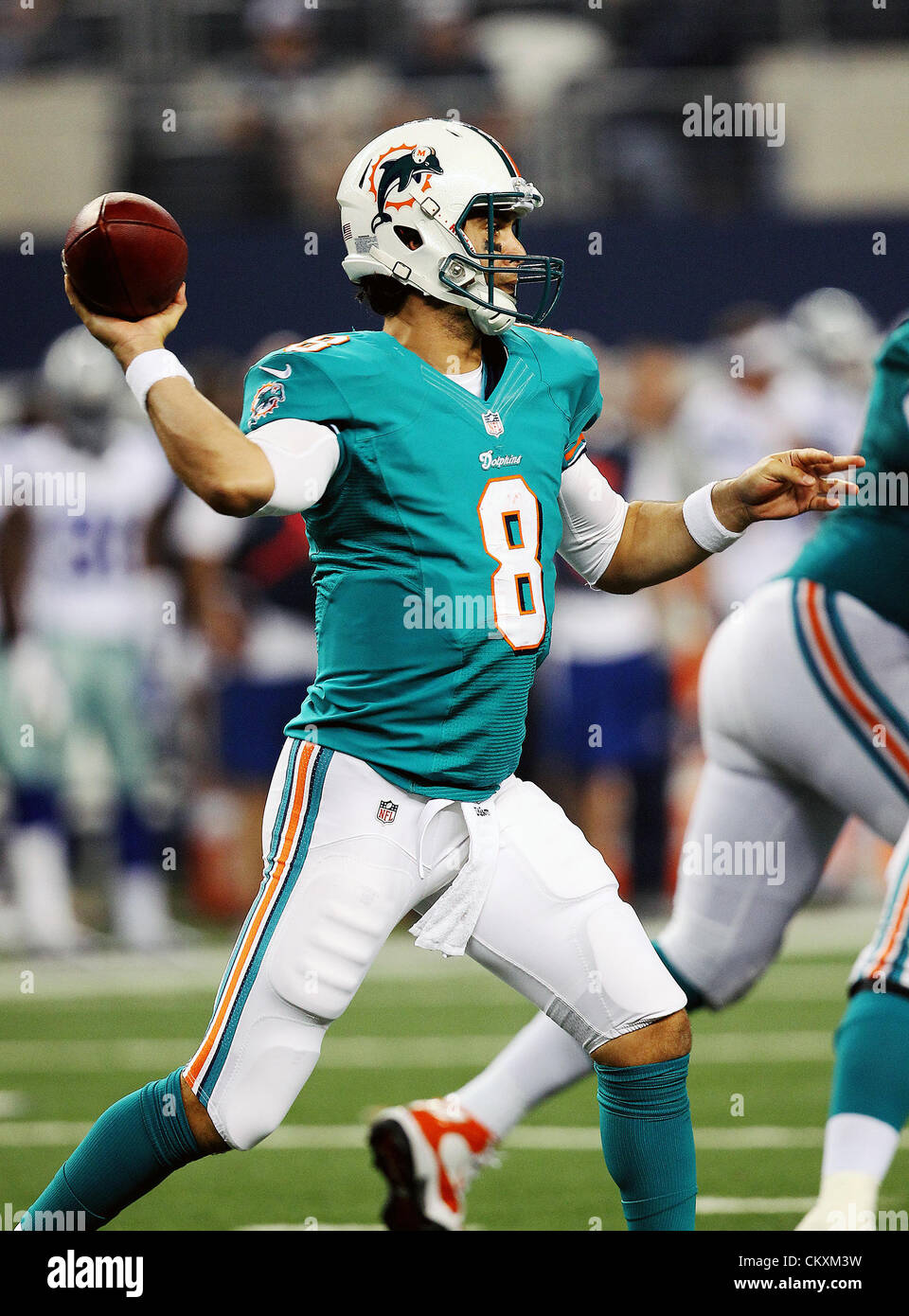 Arlington, Texas, USA. 29th Aug 2012. Miami Dolphins quarterback Matt Moore (8) in action during ...