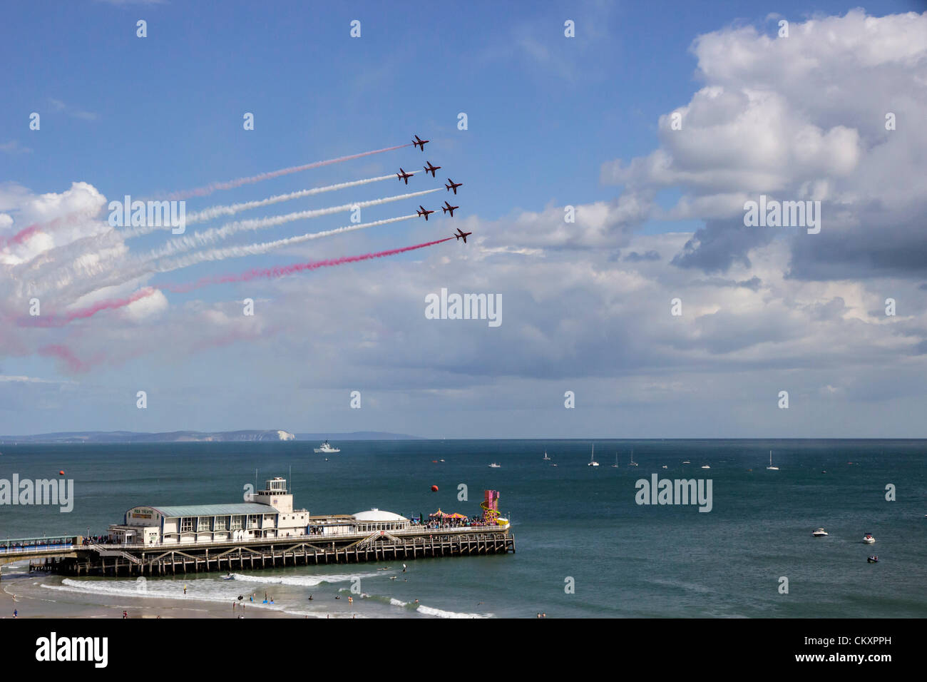 The Red Arrows at a Bournemouth Air Festival, flying over Poole Bay ...