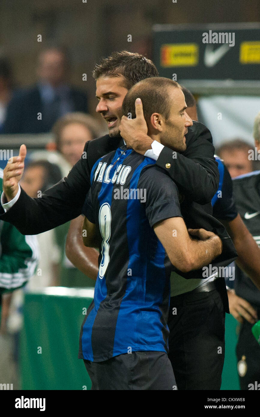 Milan, Italy. 30th Aug 2012. (L-R) Andrea Stramaccioni, Rodrigo Palacio ...