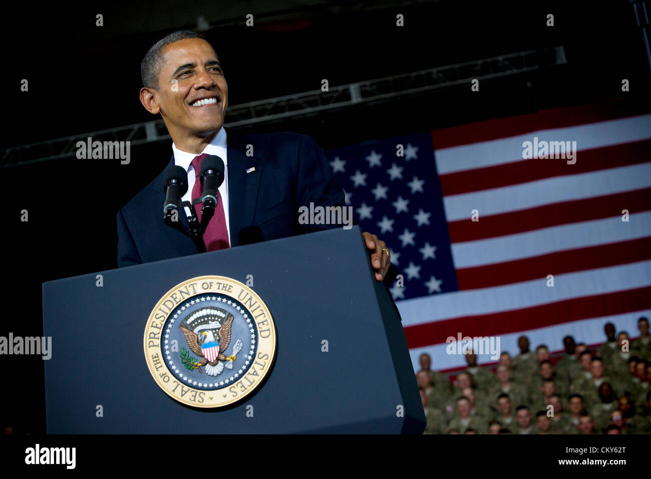 US President Barack Obama addresses soldiers August 31, 2012 during a ...