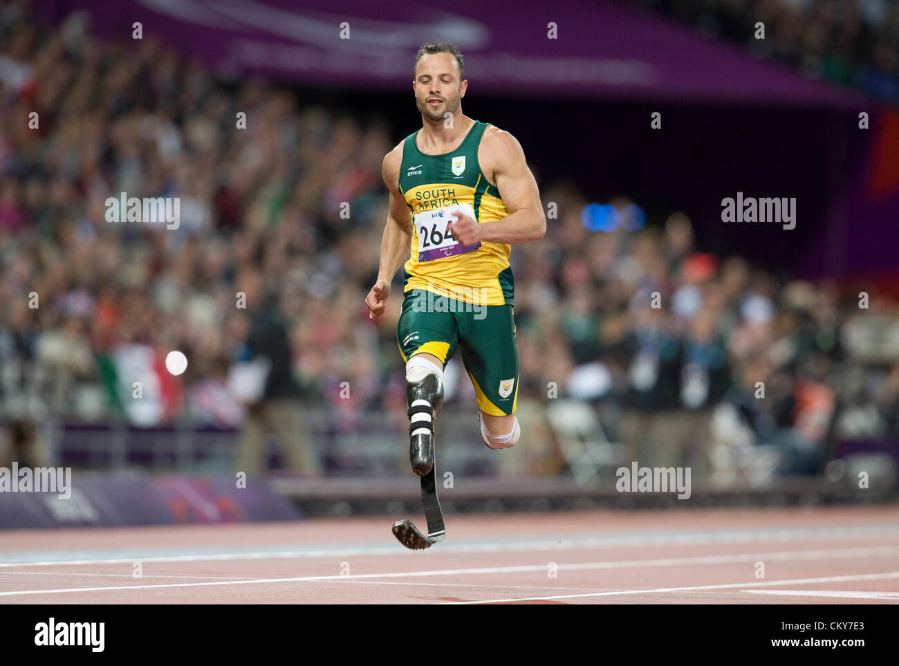South African sprinter Oscar Pistorius sets a world record in the men's ...
