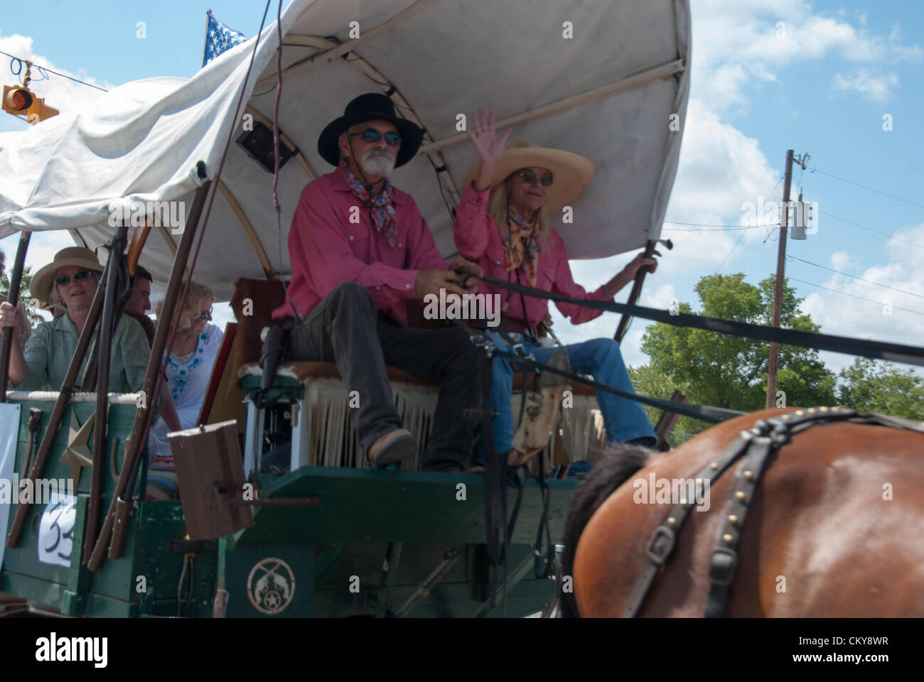 1 September 2012 Bandera, Texas, USA - A chuck wagon travels down Main ...