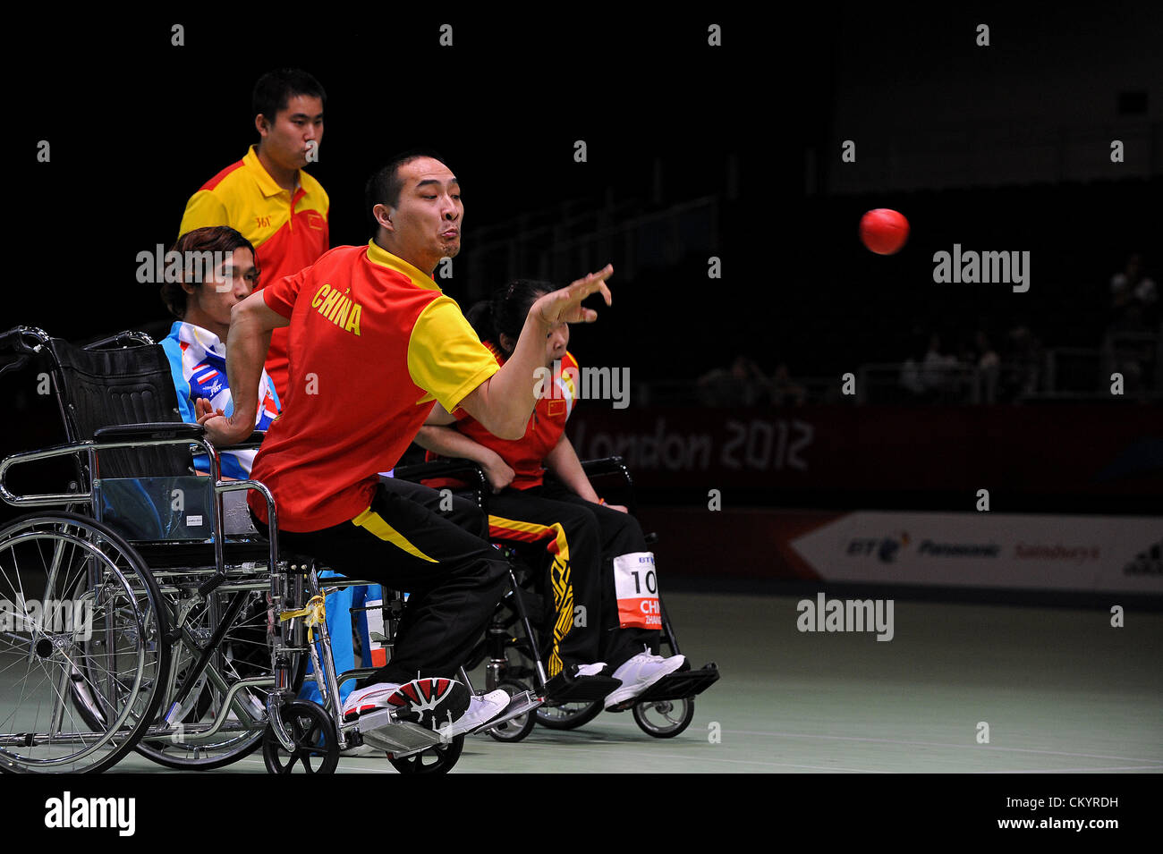 04.09.2012 Stratford, England. Zhiqiang Yan of China in action during the Boccia Mixed Team BC1 ...