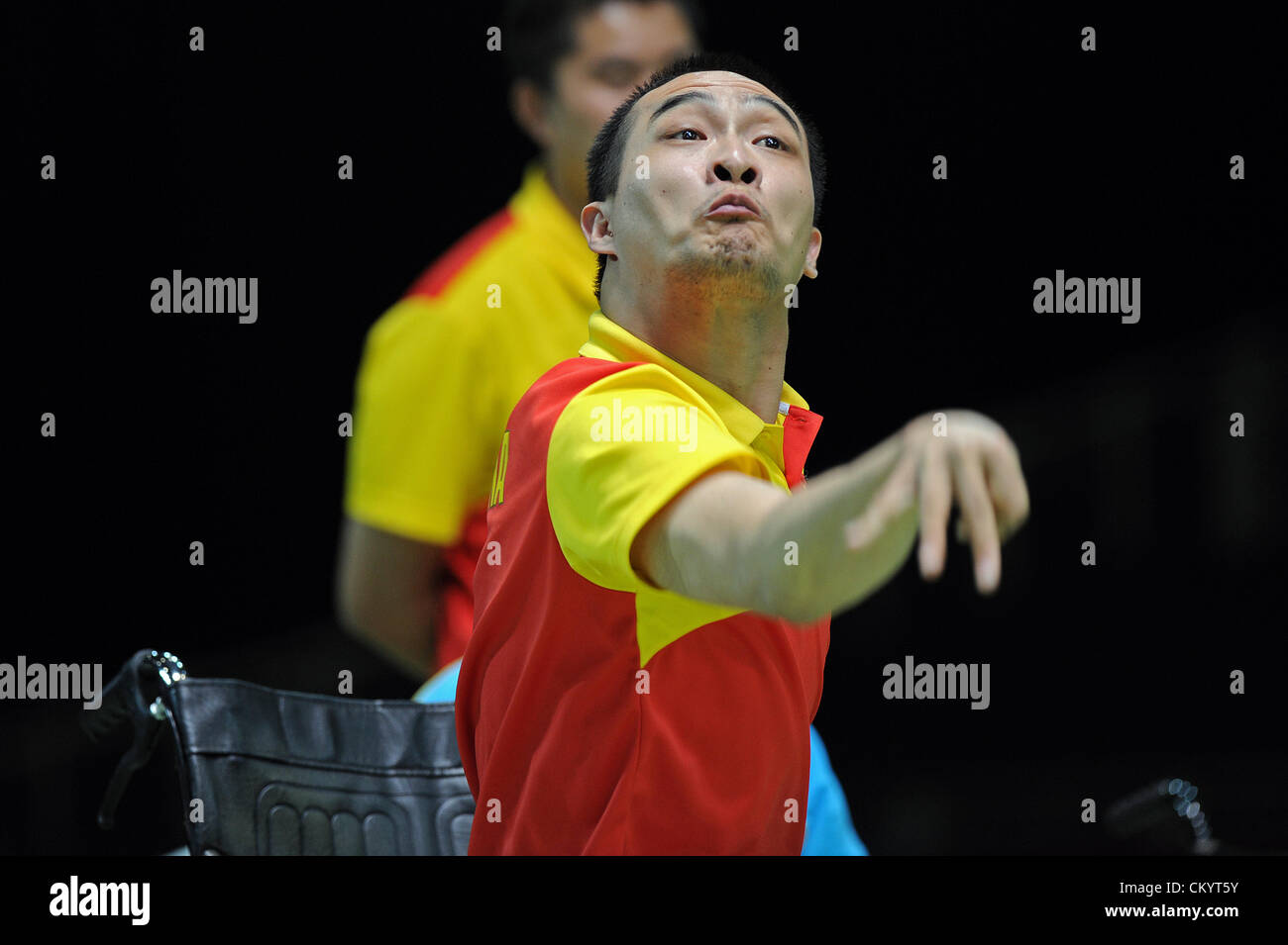 04.09.2012 Stratford, England. Zhiqiang Yan of China in action during the Boccia Mixed Team BC1 ...
