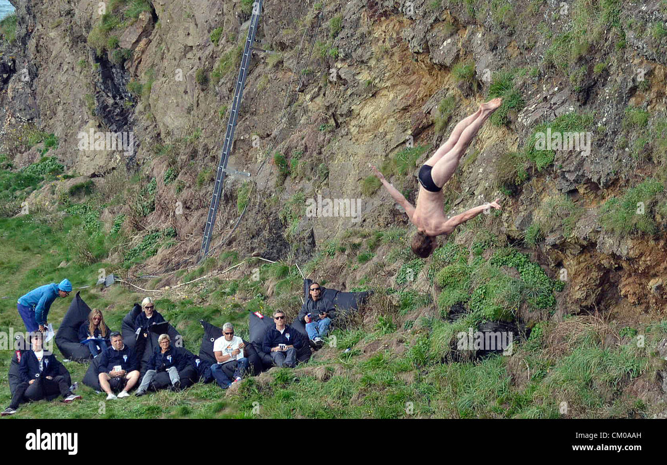 Blue Lagoon, St Davids, Wales, UK. Red Bull Cliff diving makes its long ...