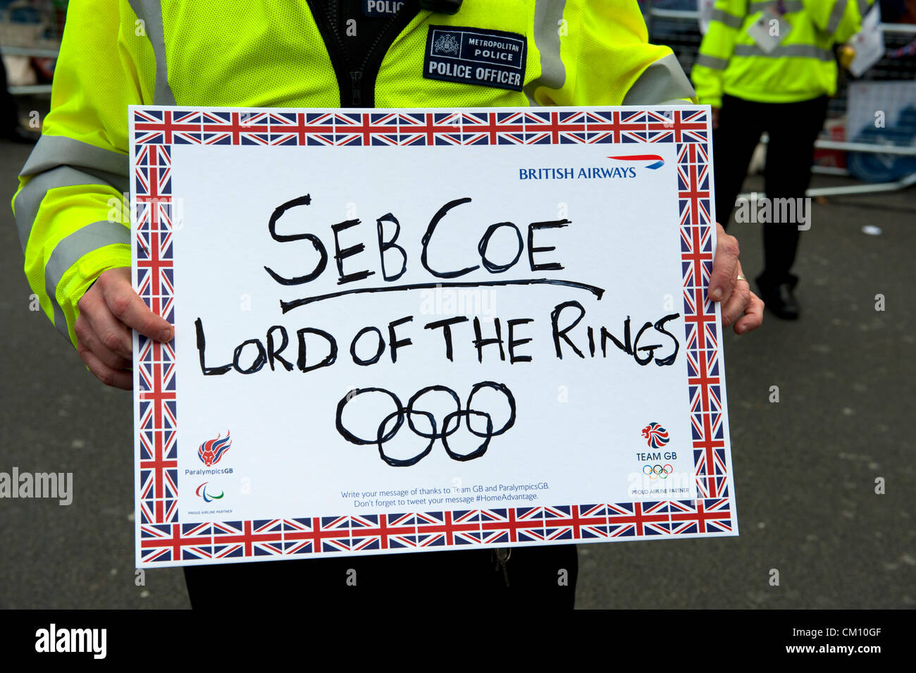 A message to Seb Coe seen during the Olympic and Paralympic Victory ...