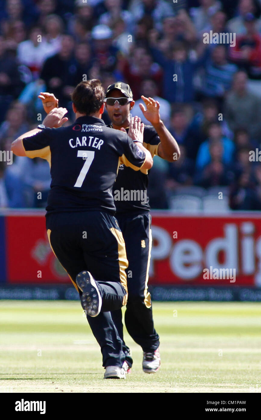 15/09/2012 Edgbaston, England. Neil Carter celebrates a wicket during ...
