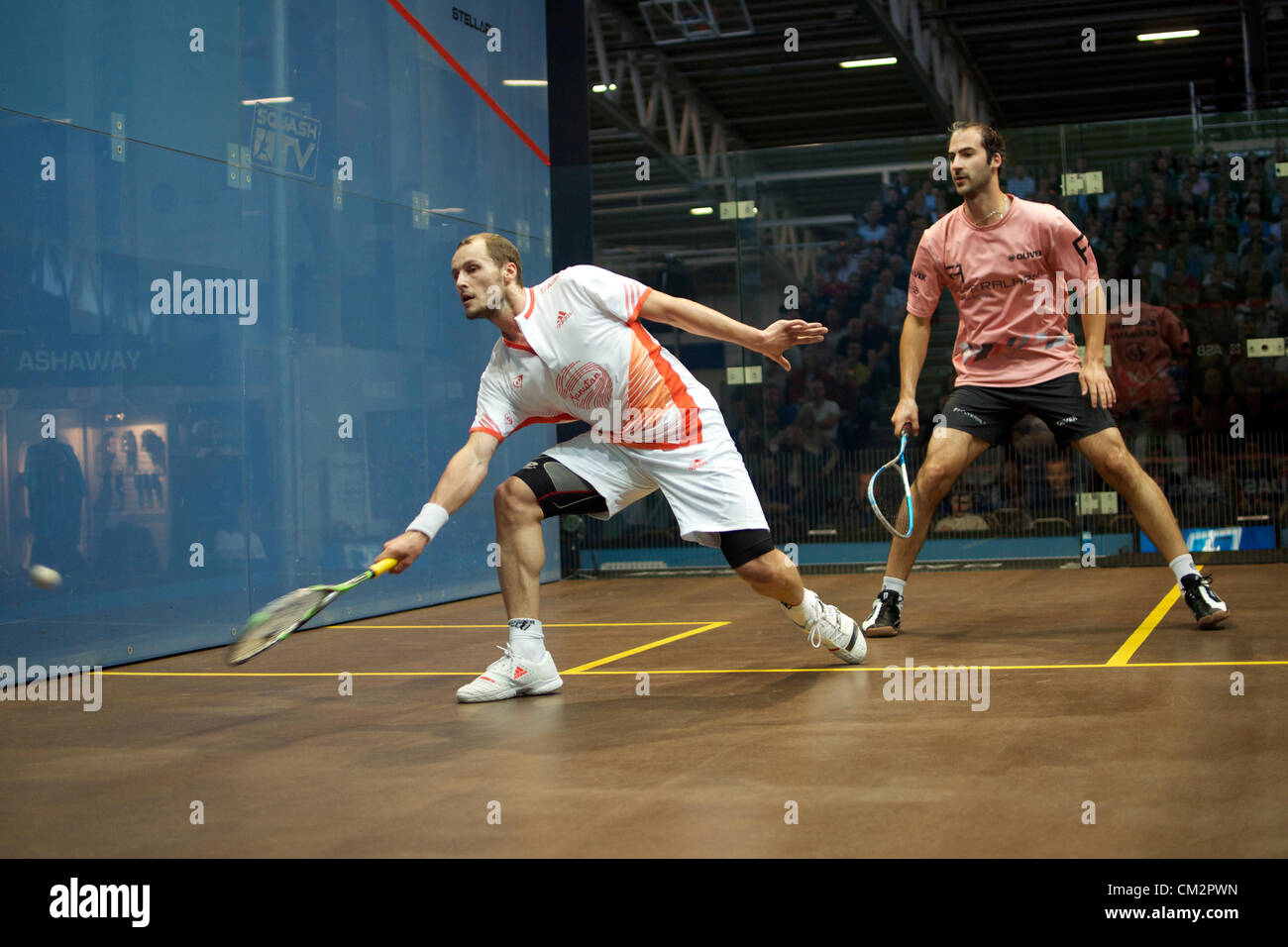 Gregory Gaultier (France) stretches to make a return during his match ...