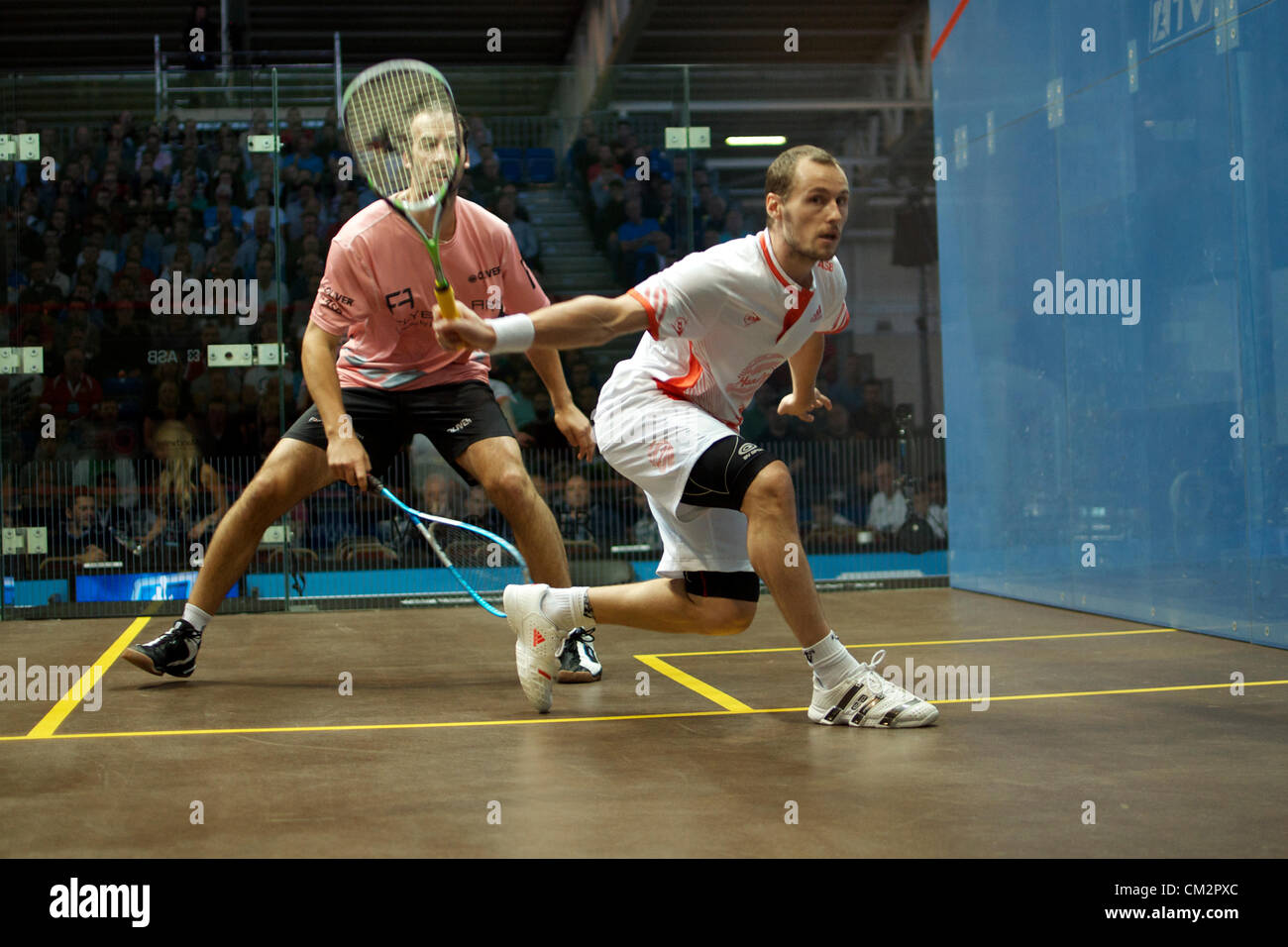 Gregory Gaultier (France) plays a backhand return during his match with ...