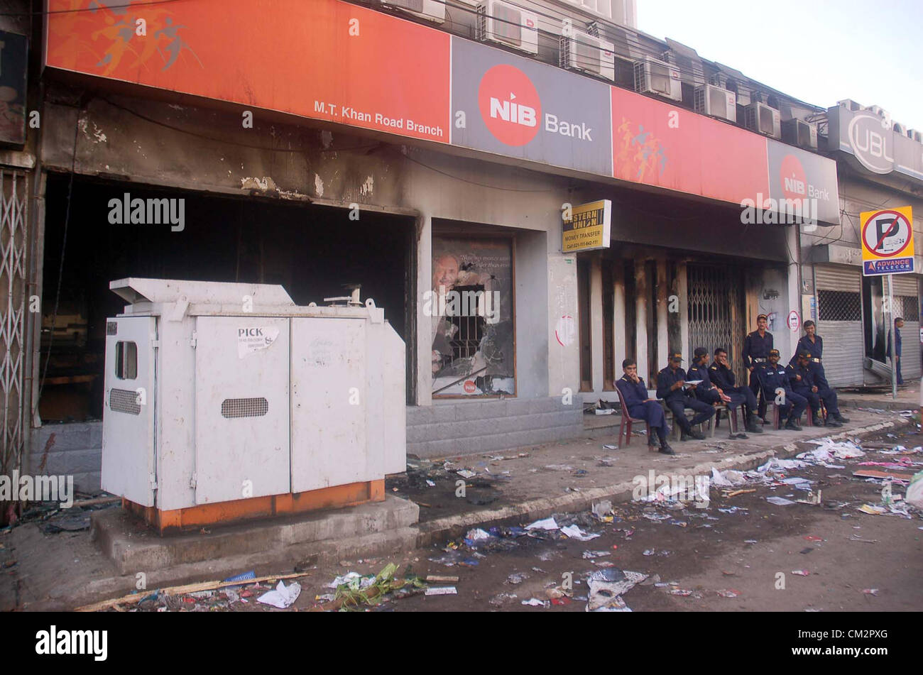 View of a burnt and destroyed local bank at PIDC area in Karachi which ...